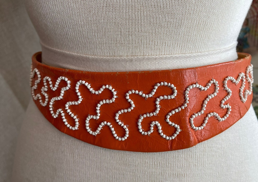 50s Designer Belt Orange Leather With Hand Beaded White Beads belts by ...