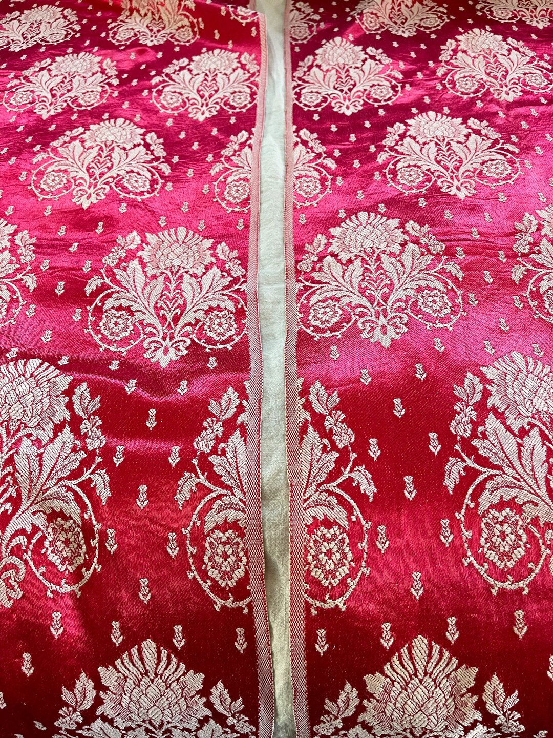 Vintage Mid Century Drape Panels Red and Cream Damask Flowered Pattern ...