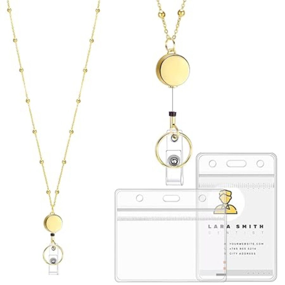 Retractor Id Cards With Gold Beaded Chain, Badge Holder Lanyards - Etsy