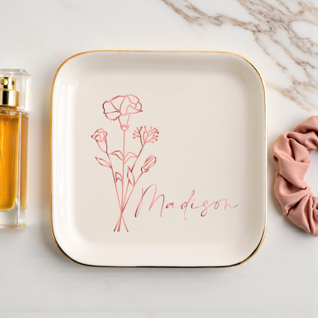 Personalized Birth Month Flower Ring Dish, Floral Jewelry Dish, Wedding ...