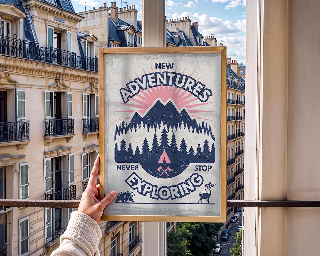 New Adventures Retro Travel Poster, Wilderness Mountain Print ...