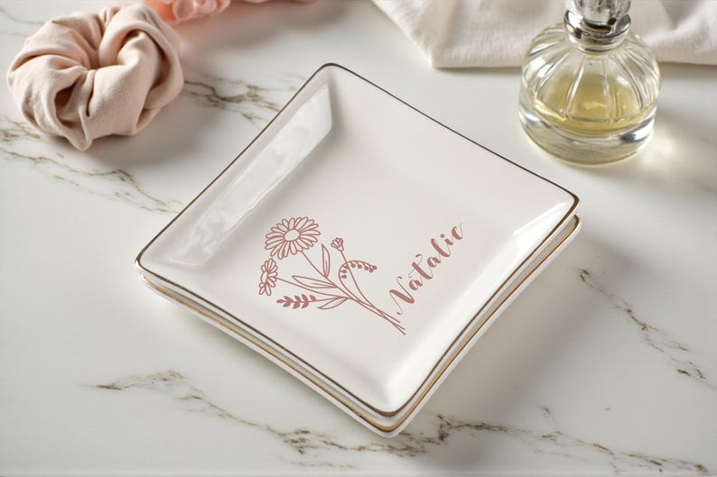 Personalized Birth Month Flower Ring Dish, Floral Jewelry Dish, Wedding ...