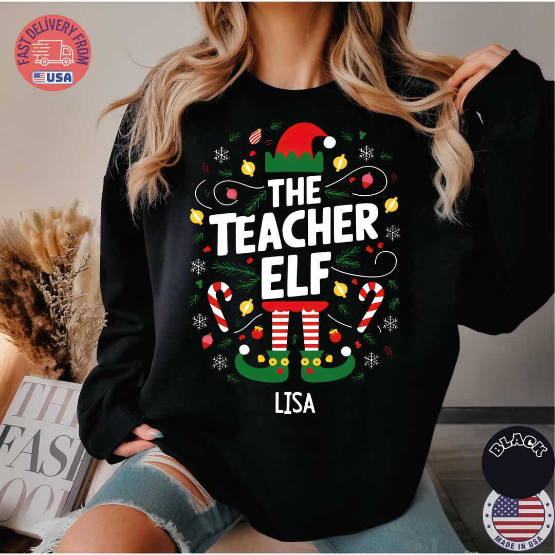 Personalized Teacher Elf Shirt, Custom Name Christmas Teacher Tee ...
