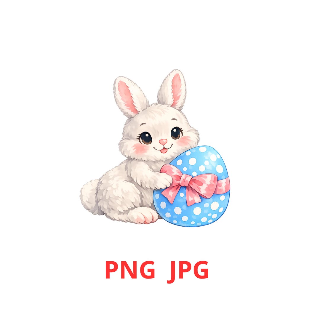 Cute Easter Bunny Clipart PNG, White Bunny With Blue Egg, Spring Animal ...