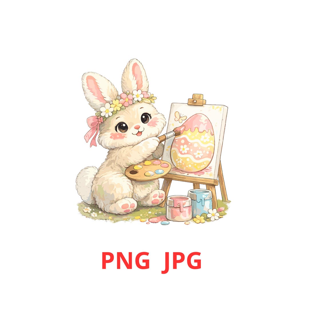 Cute Easter Bunny Painting Egg Clipart PNG, Baby Bunny Artist With ...
