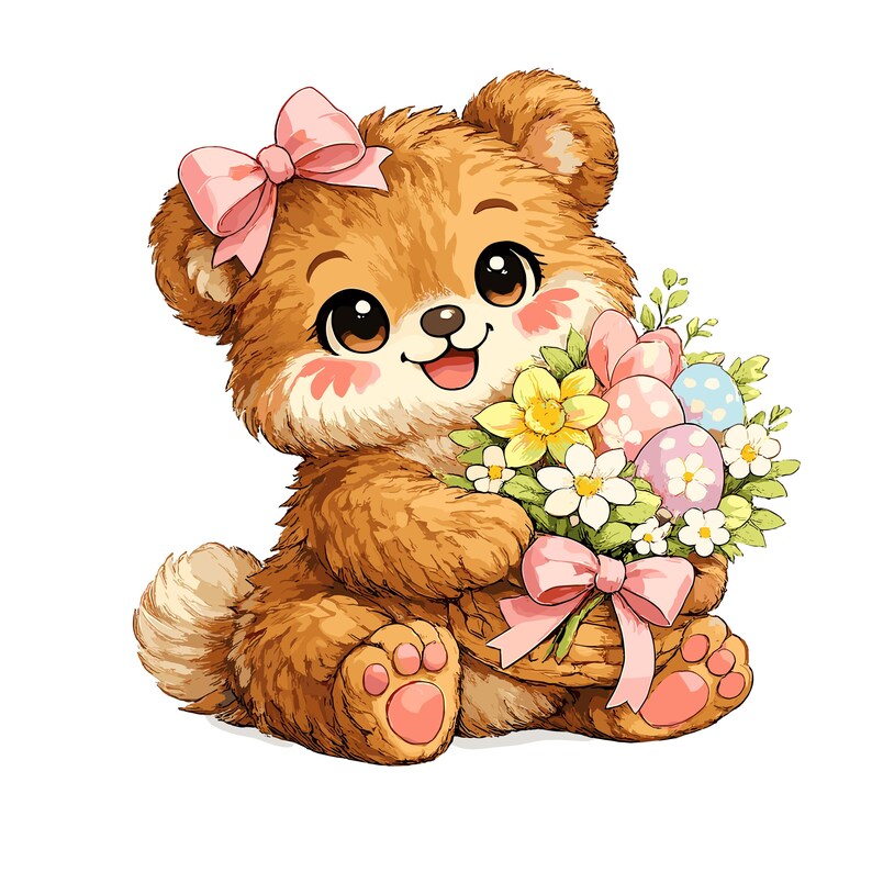 Cute Easter Bear Clipart PNG, Baby Bear With Basket of Eggs and Flowers ...