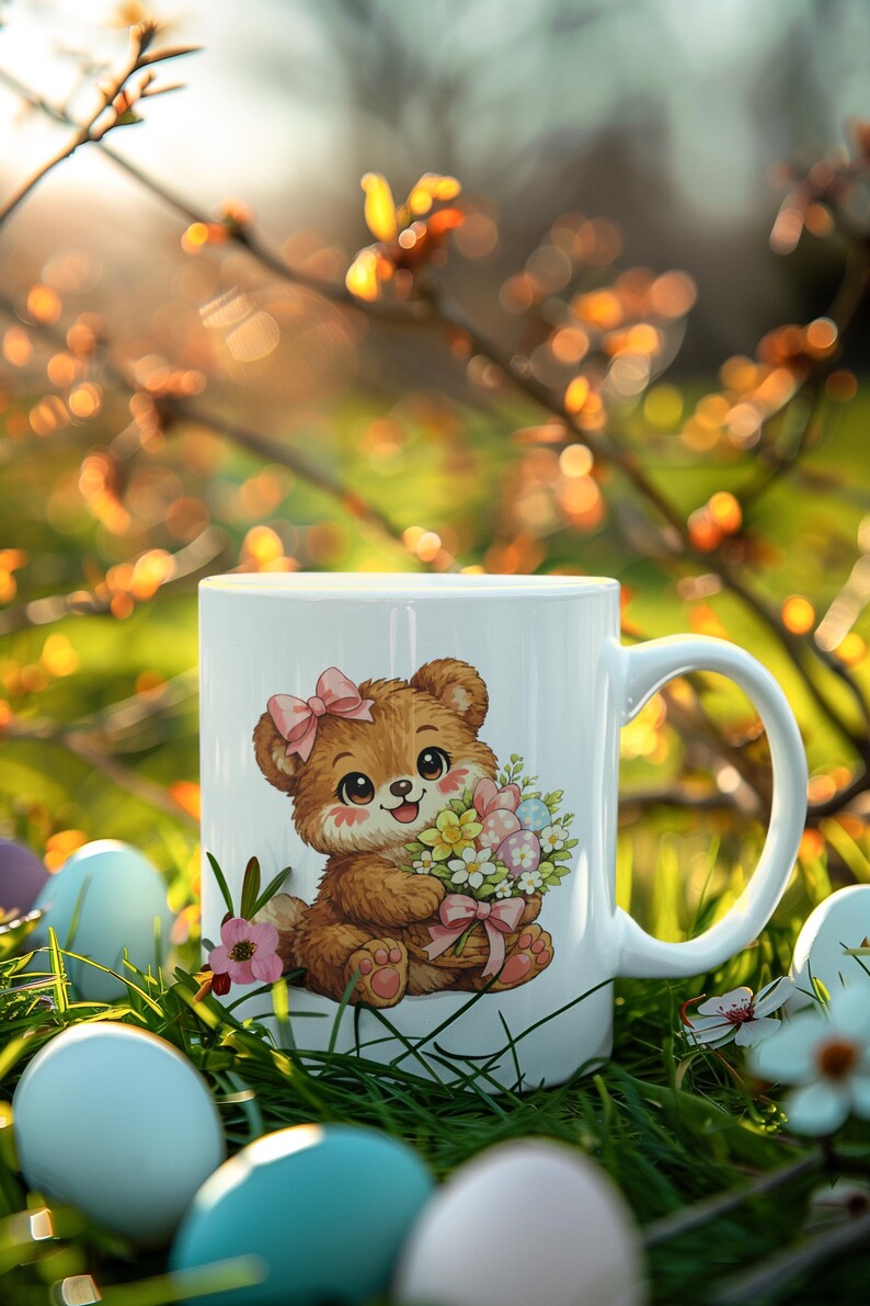 Cute Easter Bear Clipart PNG, Baby Bear With Basket of Eggs and Flowers ...