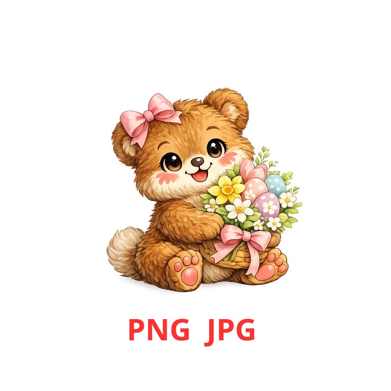 Cute Easter Bear Clipart PNG, Baby Bear With Basket of Eggs and Flowers ...