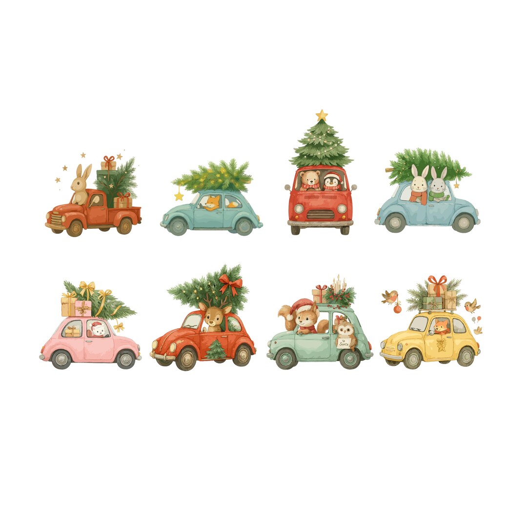 Christmas Car Clipart Bundle, Cute Holiday Animal Cars Set, Festive ...