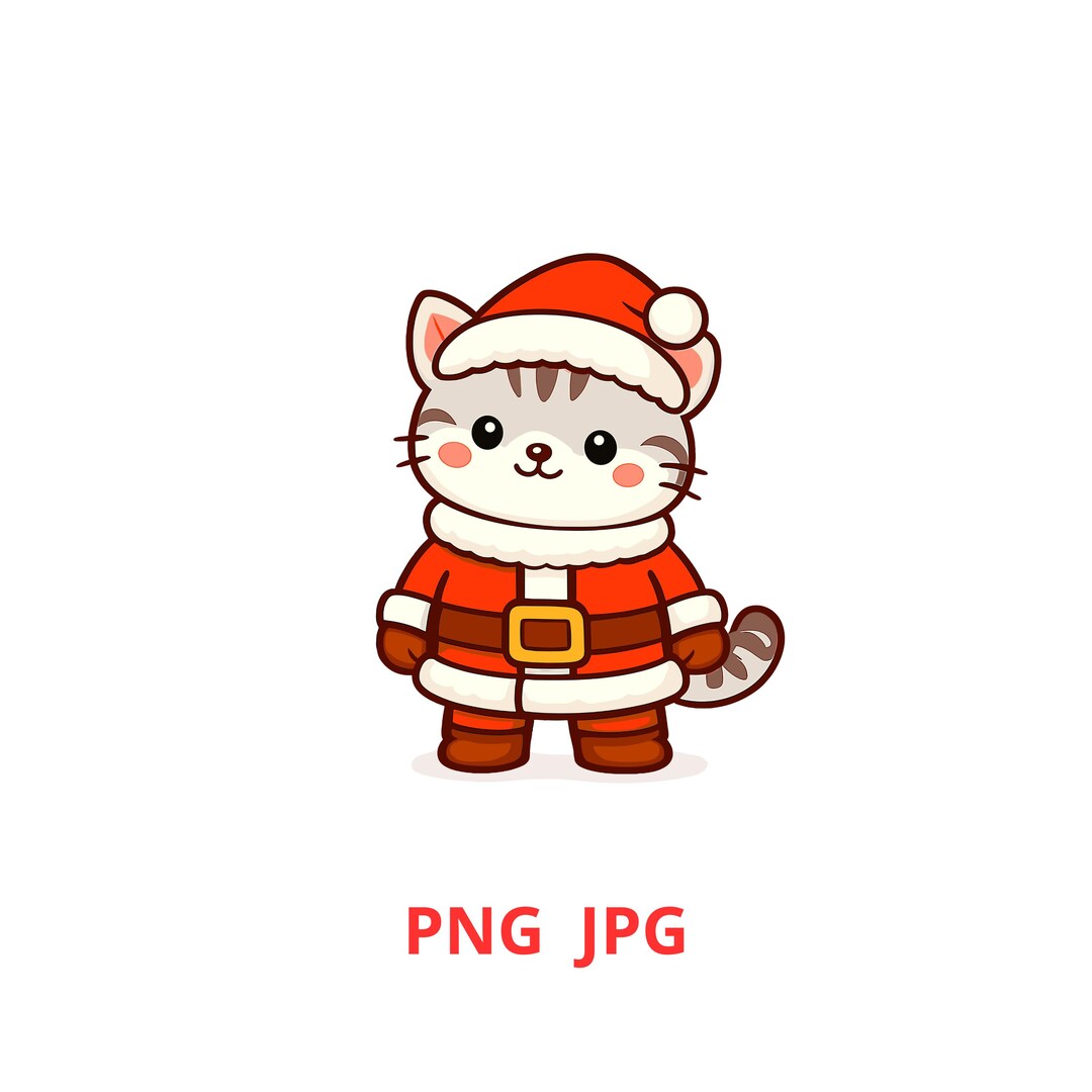 Gray Christmas Cat Clipart PNG JPG | Cute Kawaii Santa Kitten | Holiday ...
