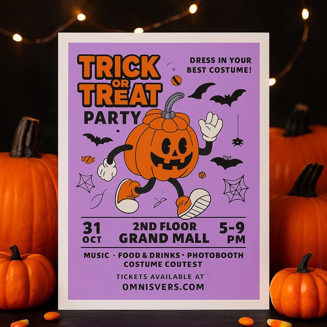 Trick or Treat Party Invitation, Retro Halloween Poster, Cute Pumpkin ...