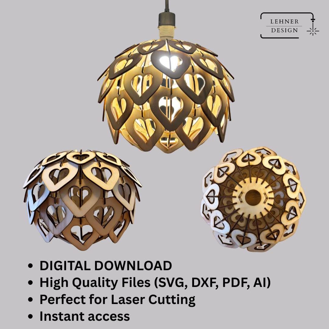 Laser Cut Lamp Shade Svg Dxf Pdf Ai | Wooden Heart Pendant Light Design ...
