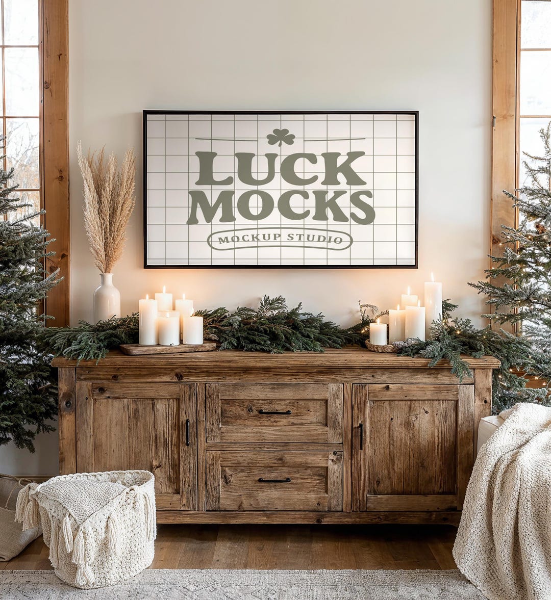 Rustic Farmhouse Frame TV Mockup | Cozy Holiday Decor | Wooden Console ...