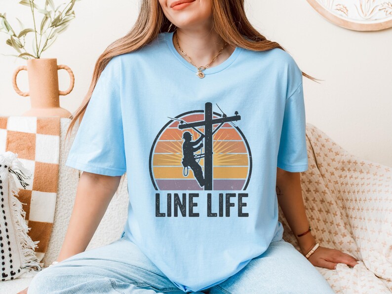 Retro Lineman Shirt, Line Life Sunset Graphic, Utility Worker Gift ...
