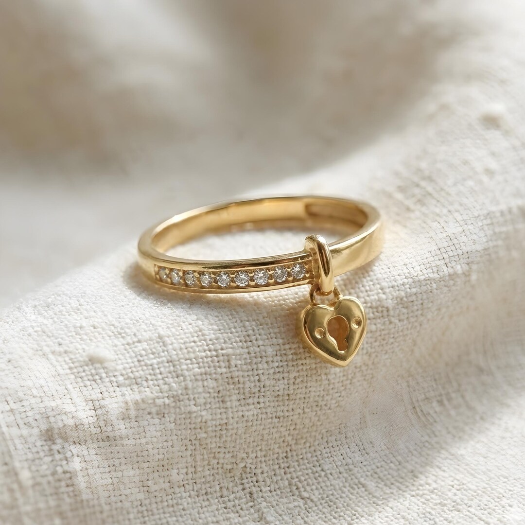 Half Pave Dangling Heart Lock Ring | Couple Love Lock Ring | Mother's ...