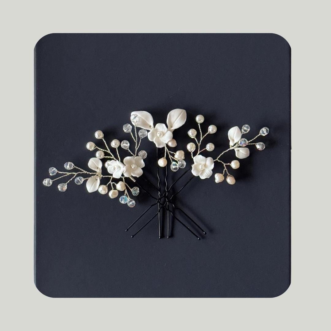 Bridal Hair Pins Set With Ceramic Flowers, Freshwater Pearls & Crystals ...