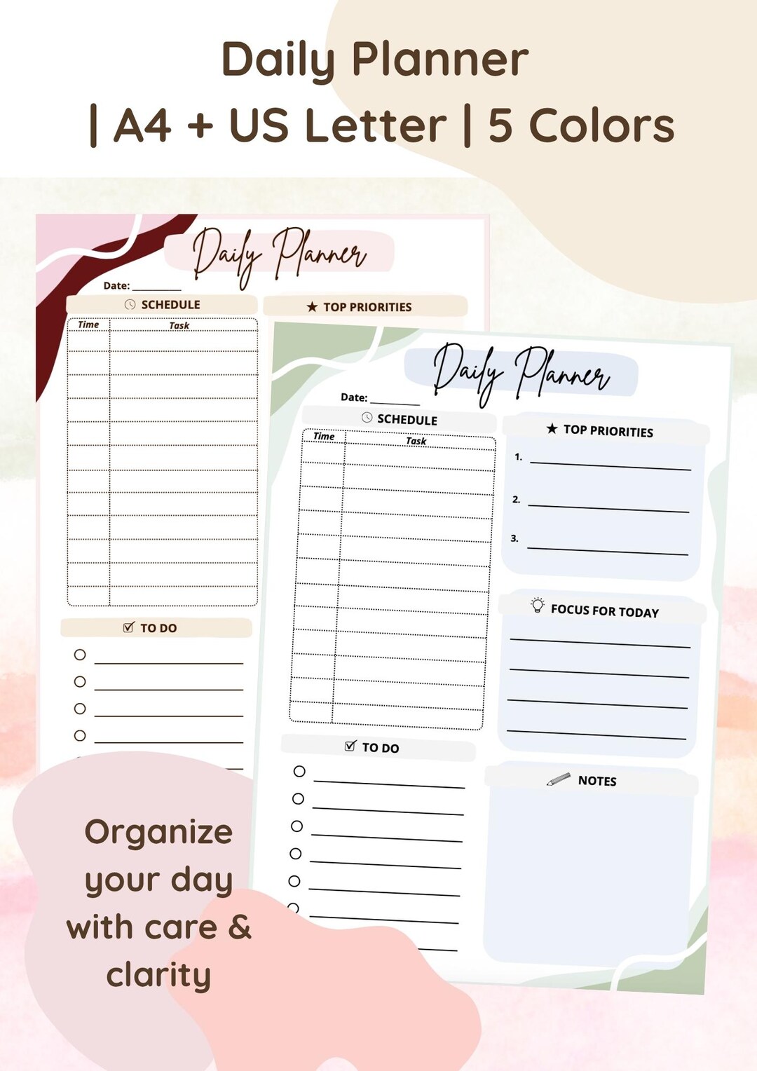 Printable Daily Planner | Minimal & Aesthetic Template | 5 Color ...