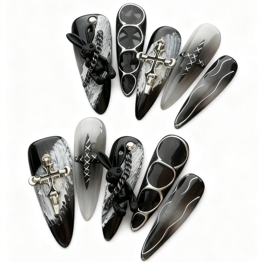 Gothic 3D Cross Chain Nails | Punk Style Handmade Nails | Reusable Nail ...
