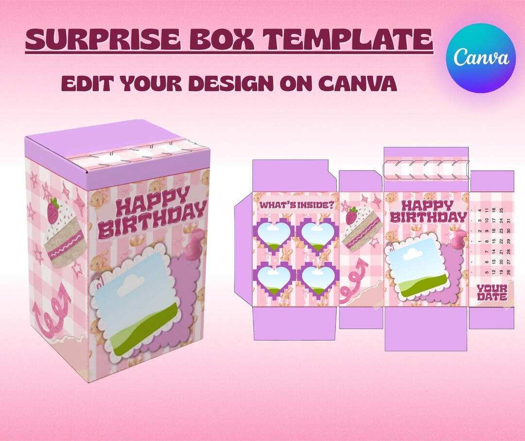 Printable Birthday Gift Box Template | Cute Pink Retro Packaging ...