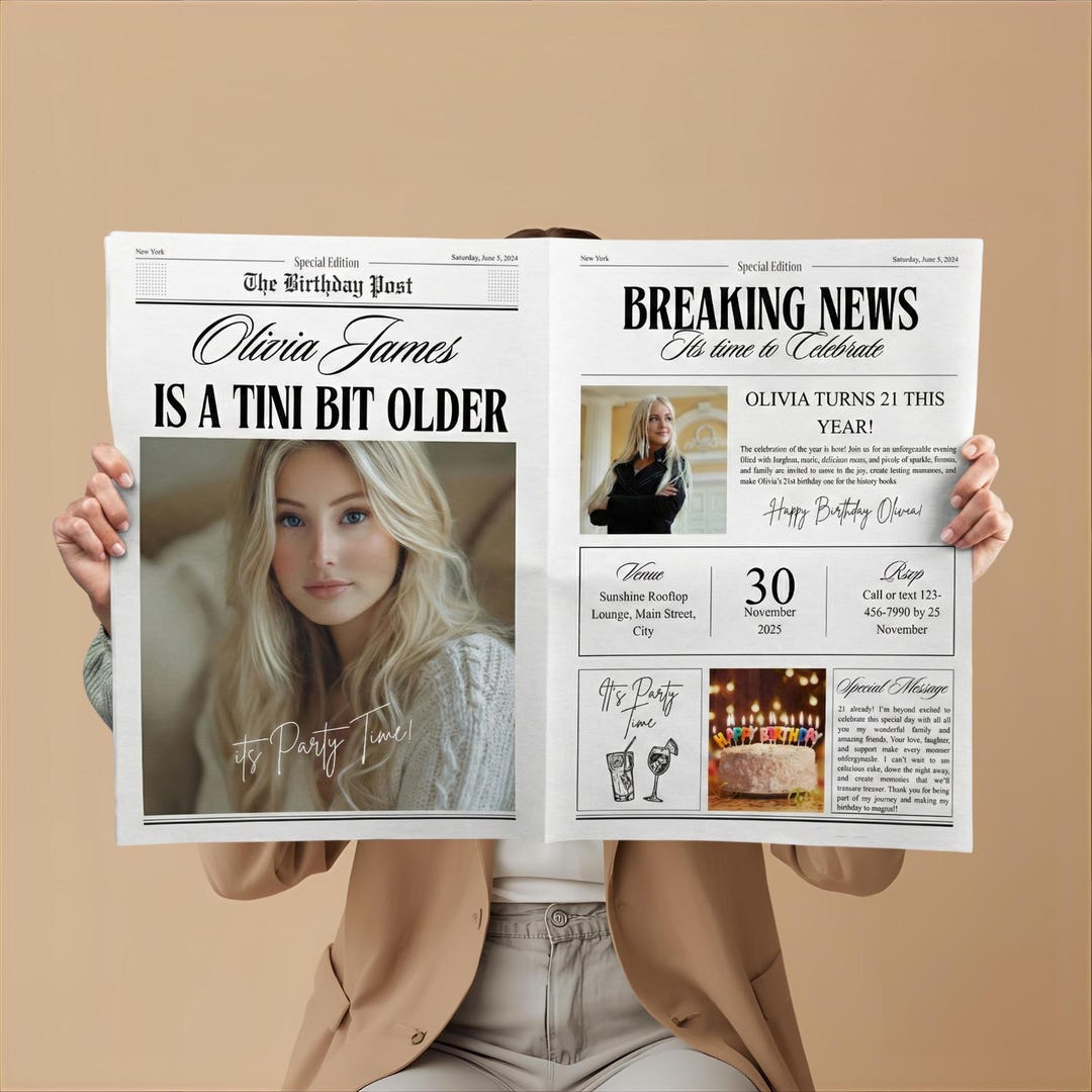 A Tini Bit Older Birthday Newspaper Editable Canva Template - Etsy