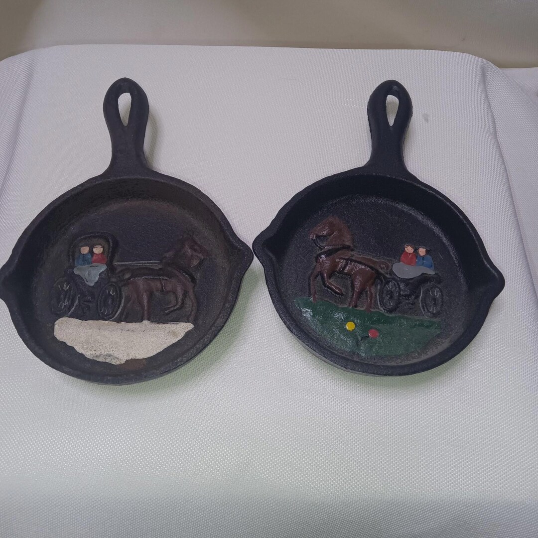 Miniature Hand-painted Cast Iron Skillets Horse and Buggy Country Motif ...