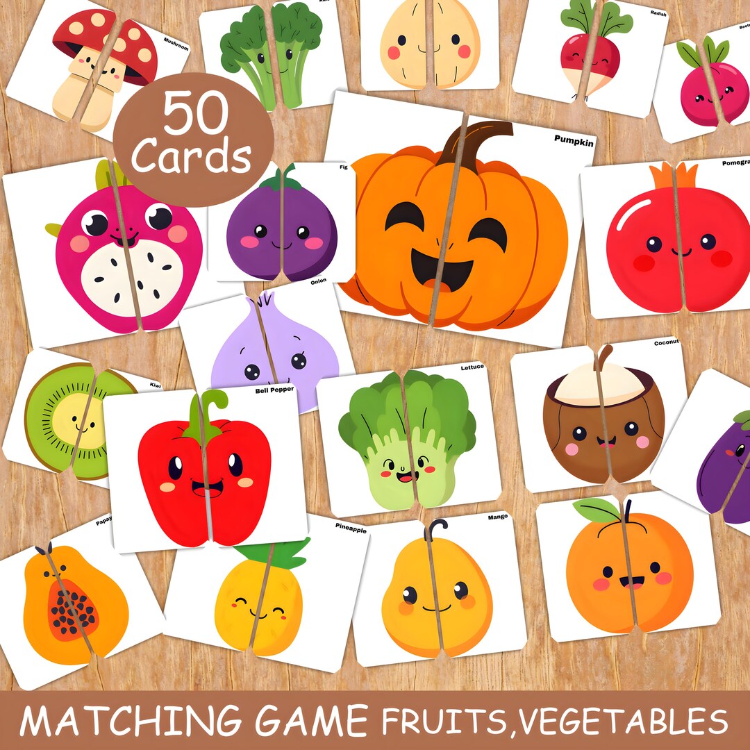 Fruits and Vegetables Matching Game, 50 Cards, Toddler Puzzle (digital ...