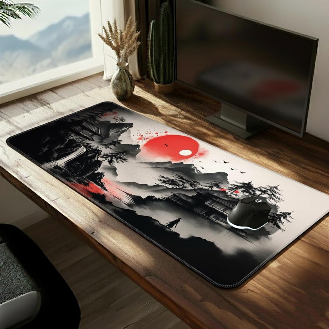 Japanese Sun Desk Mat, Samurai Mouse Pad, Red Sun Landscape Desk Pad ...