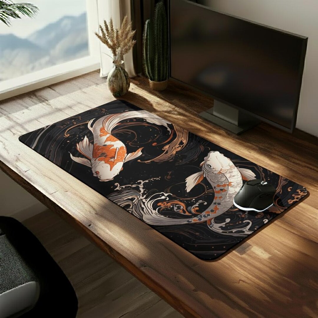 Koi Fish Desk Mat, Japanese Art Mouse Pad, Yin Yang Desk Pad, Zen Water ...