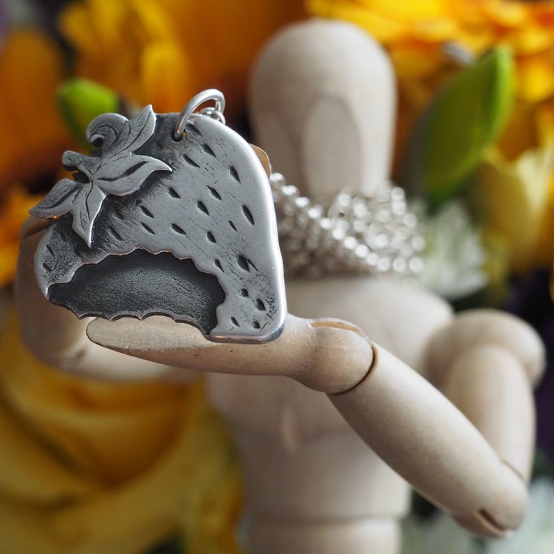 A Pretty Simple Fine Silver Strawberry on a Long Chunky | Etsy