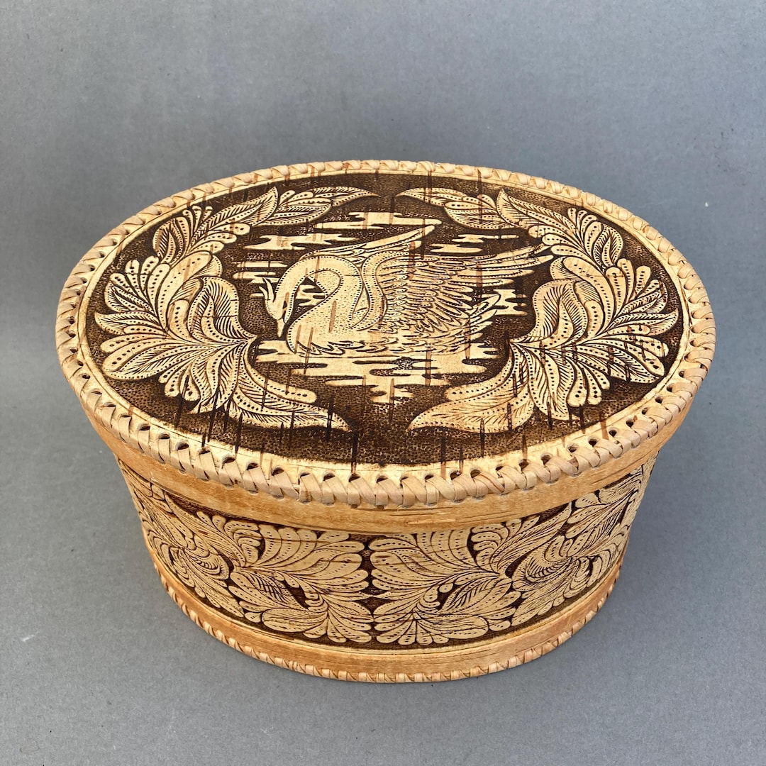 Vintage Birch Bark Box: Handmade Oval Container With Swan Design - Etsy