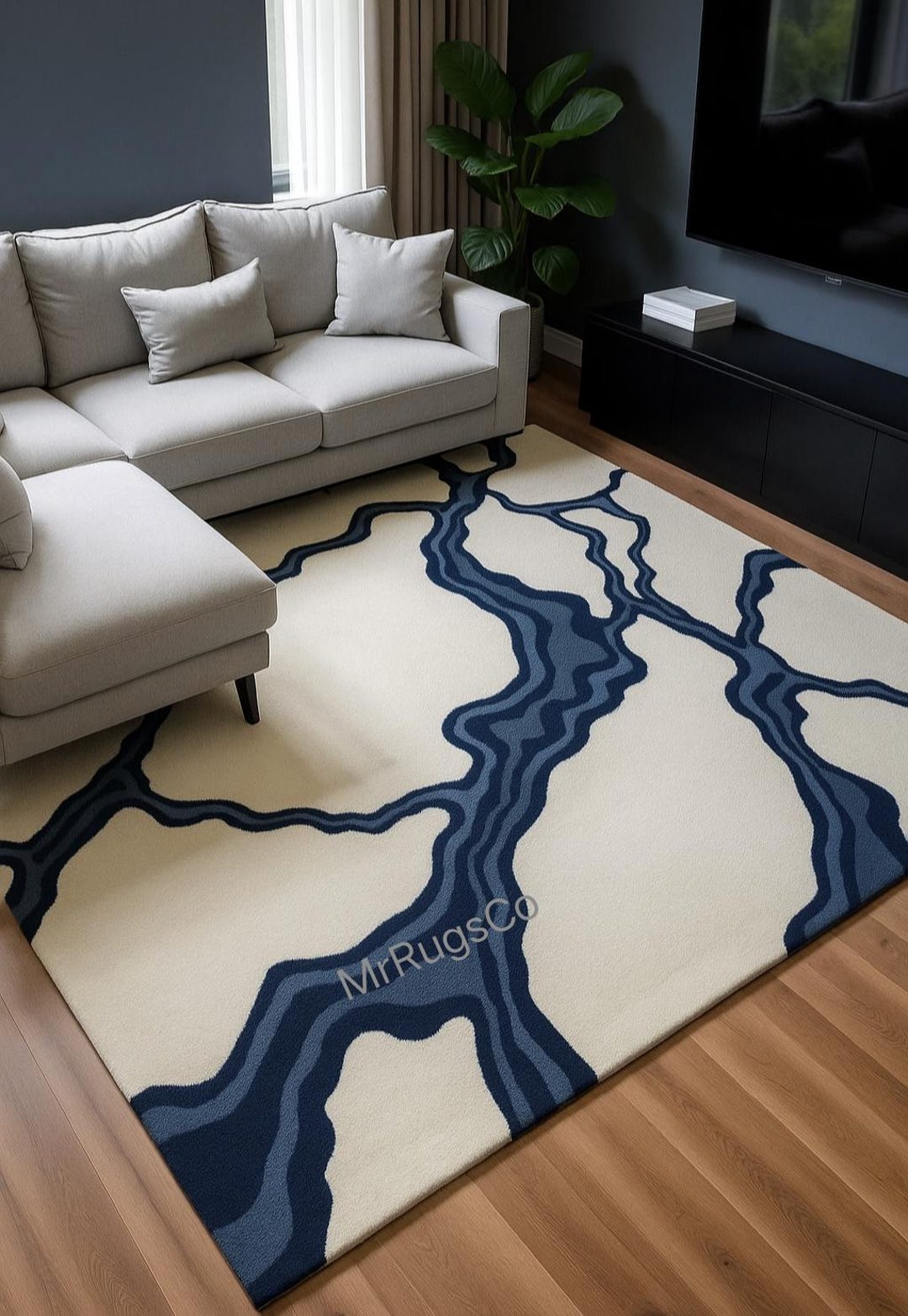 Modern Abstract Blue Wave Area Rug | Contemporary Living Room Carpet ...