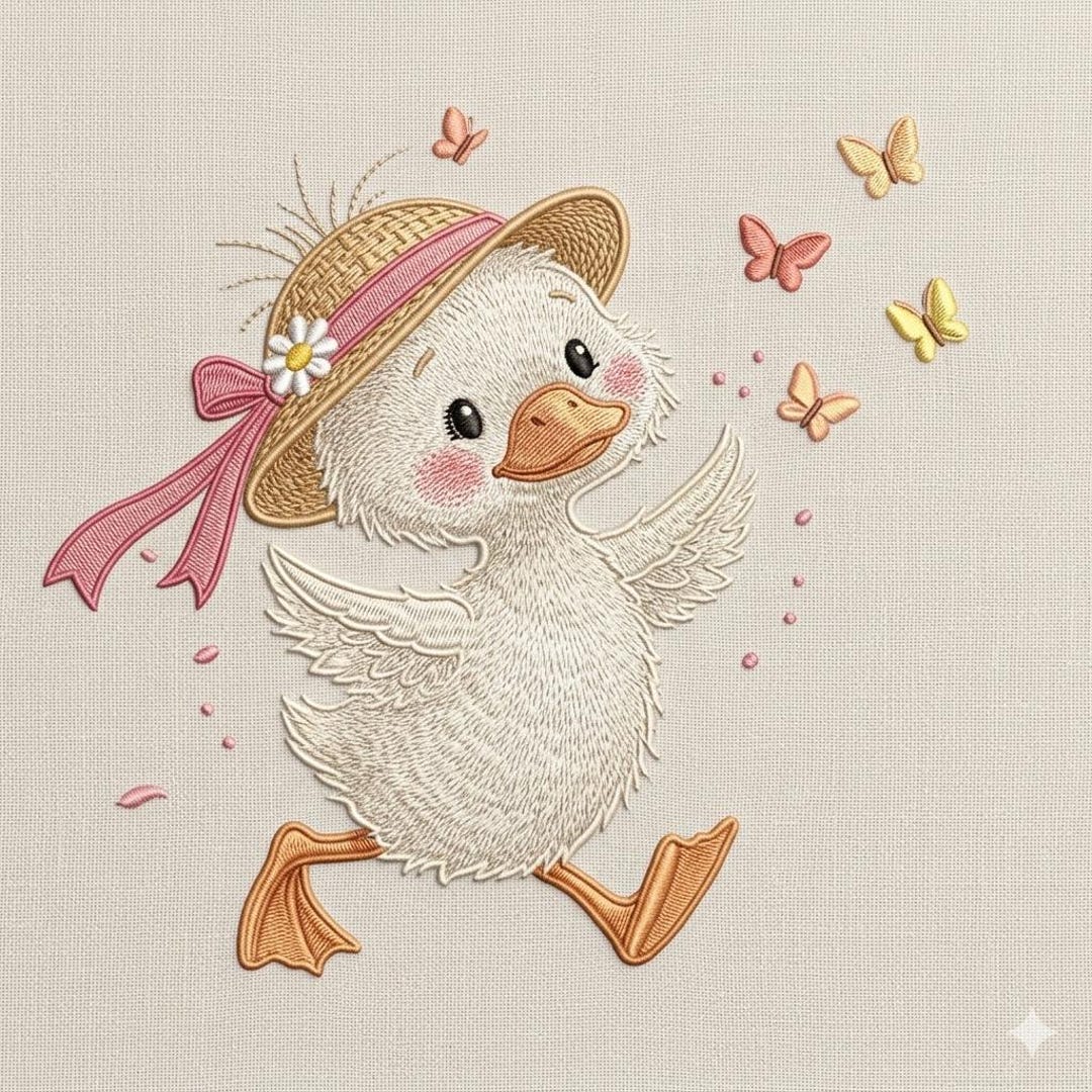 Cute Duck Embroidery Design, Baby Duck With Hat and Butterflies, Spring ...