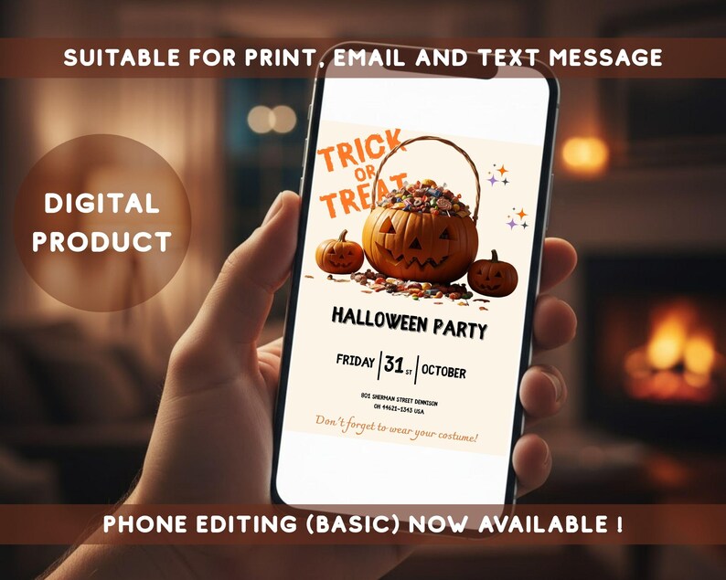 Trick or Treat Halloween Party Invitation Digital | Editable Costume ...