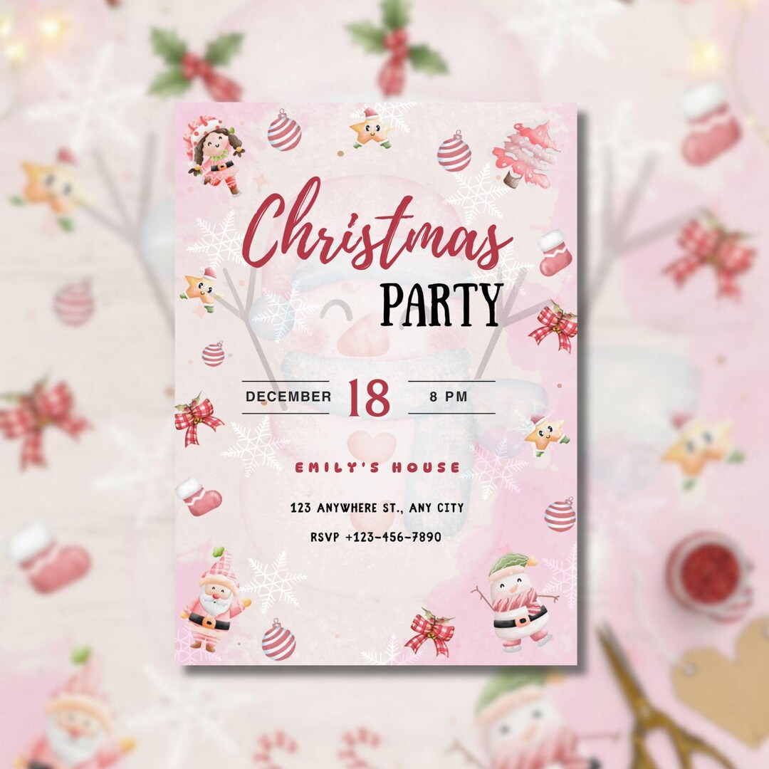 Cute Christmas Party Invitation: Editable Pink Theme Christmas Invite ...
