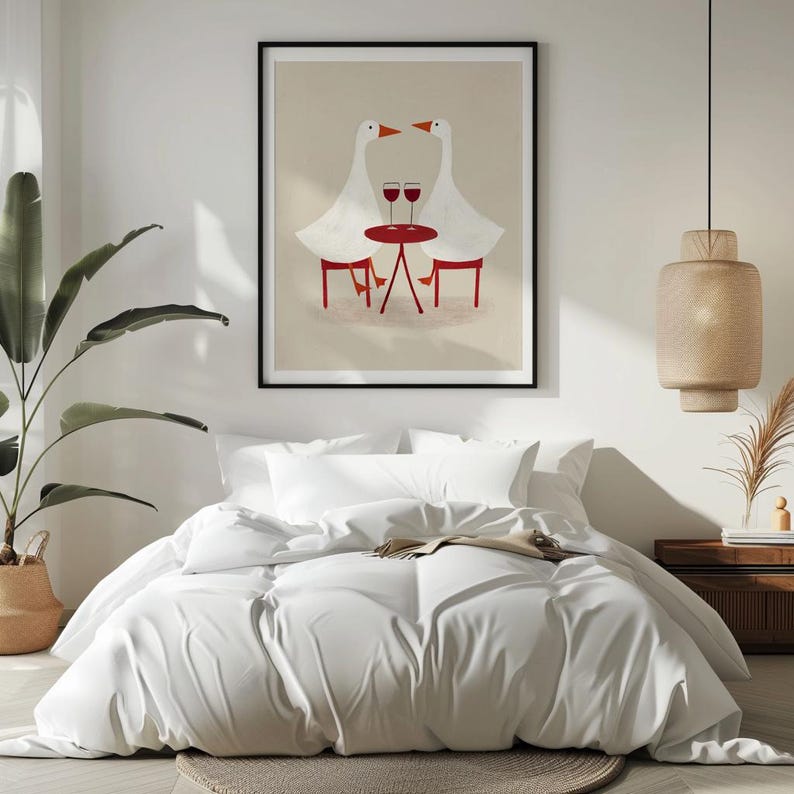 Minimalist Folk Art Printable - Cute Geese Bistro Scene, Naive ...