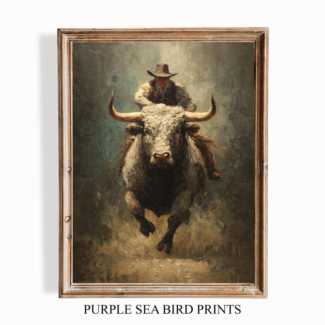 Moody Vintage Bull Rider Painting - Dramatic Rustic Wall Art, Western ...
