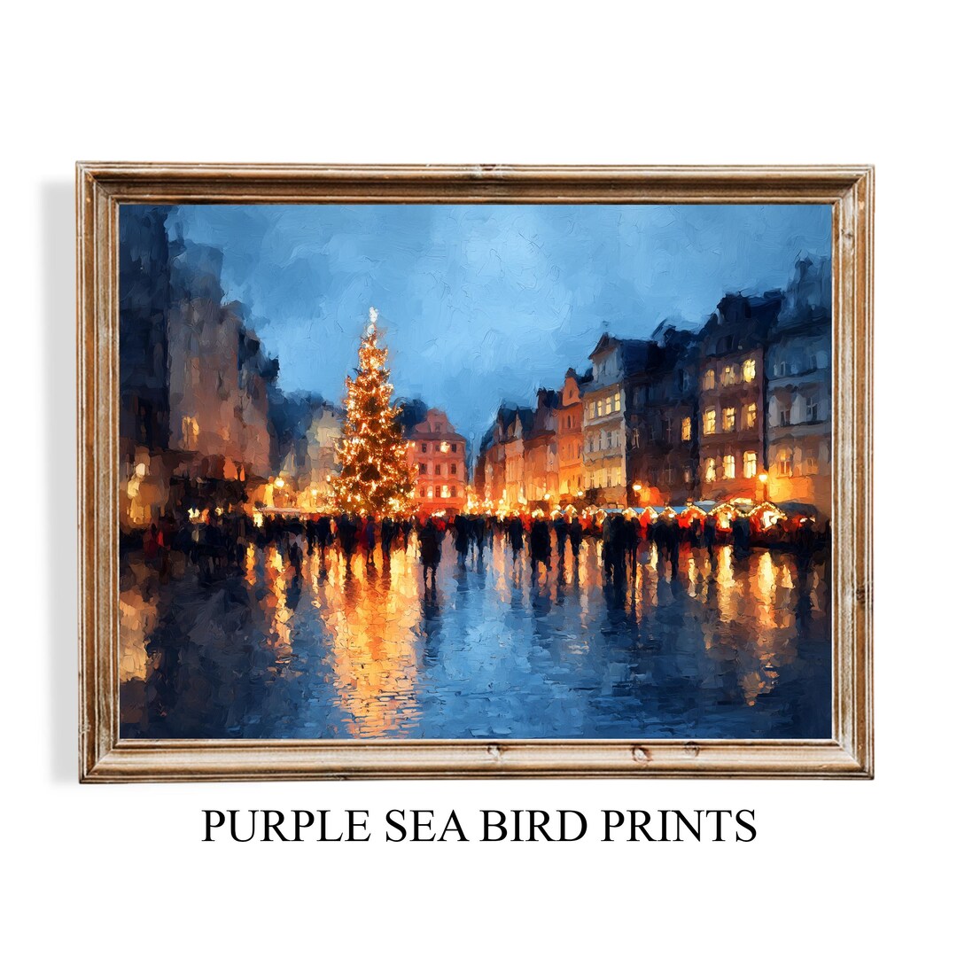 Vintage Christmas Cityscape Art Print – Festive Impressionist Painting ...