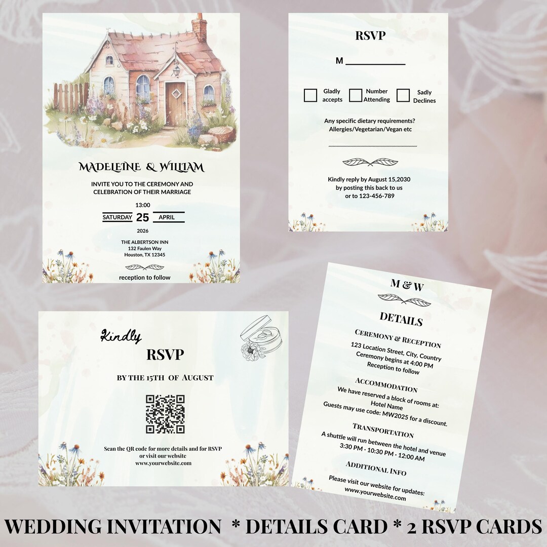 Cottagecore Wedding Invitation Suite Template, Watercolor Canva ...