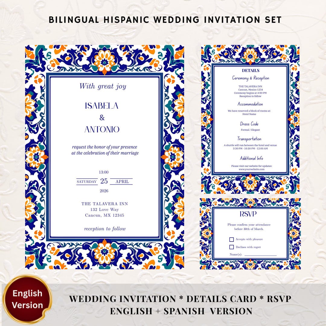Talavera Wedding Invitation Set, Bilingual Spanish English, Editable ...