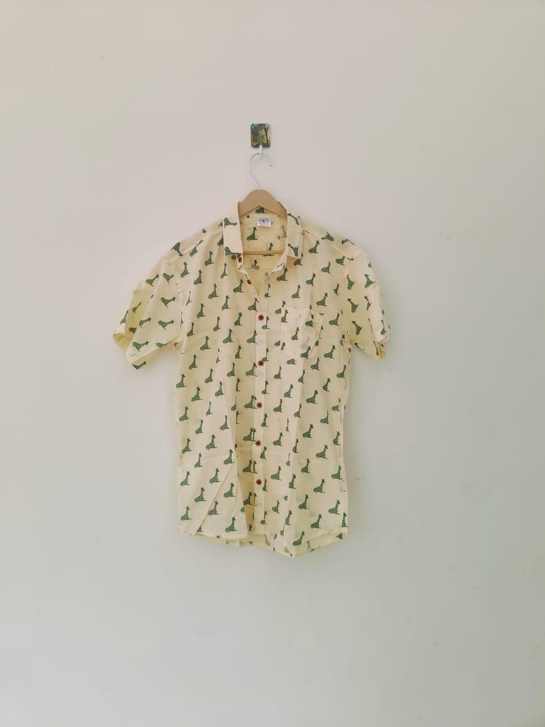 Hand Block Printed Cotton Shirt for Men - Giraffe Print Short Sleeve ...