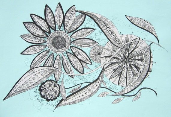 Items similar to Flowers Print Turquoise a giclee from an Original ...
