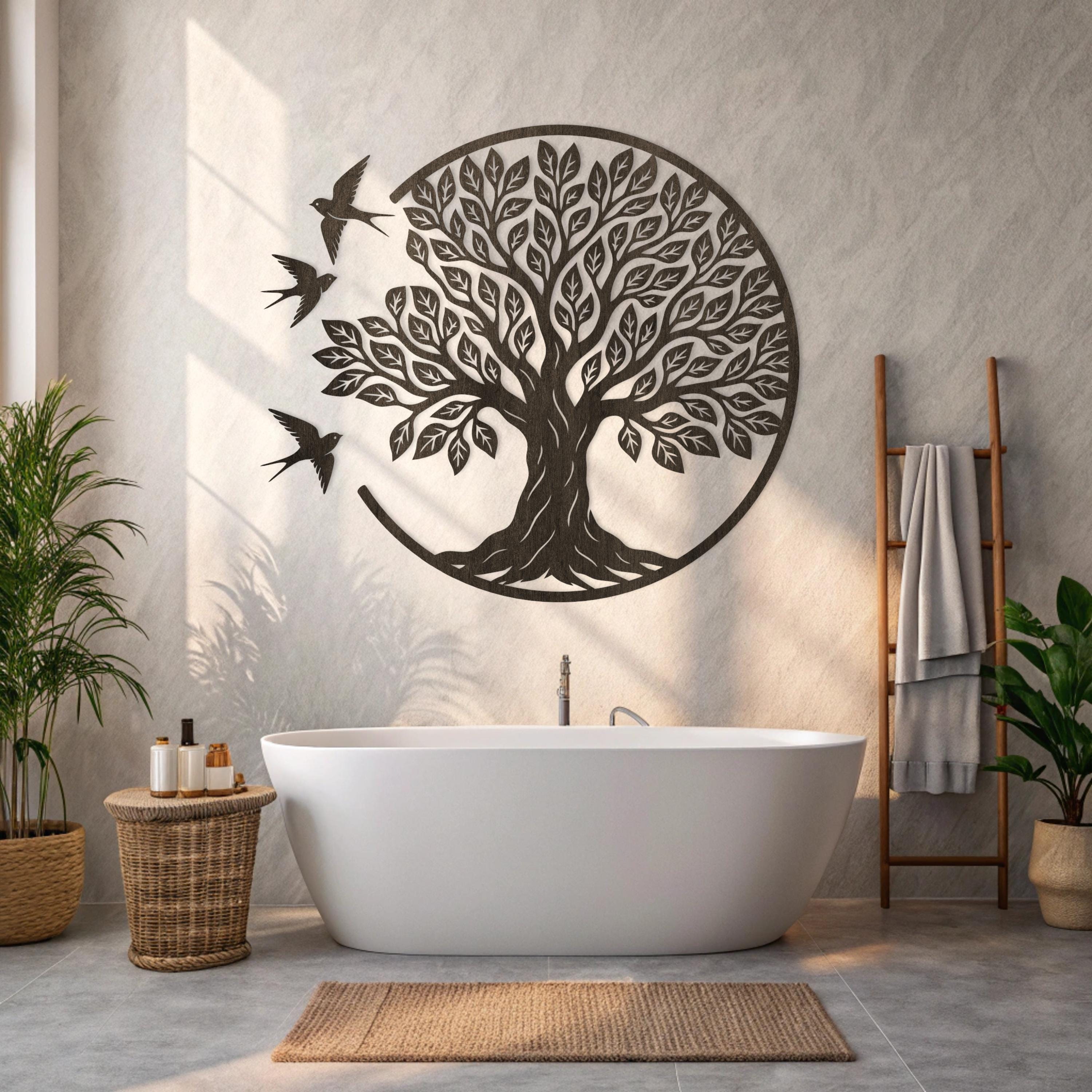 Round Tree Wall Decor, Tree With Birds Wall Art, Wooden Tree Wall Art ...
