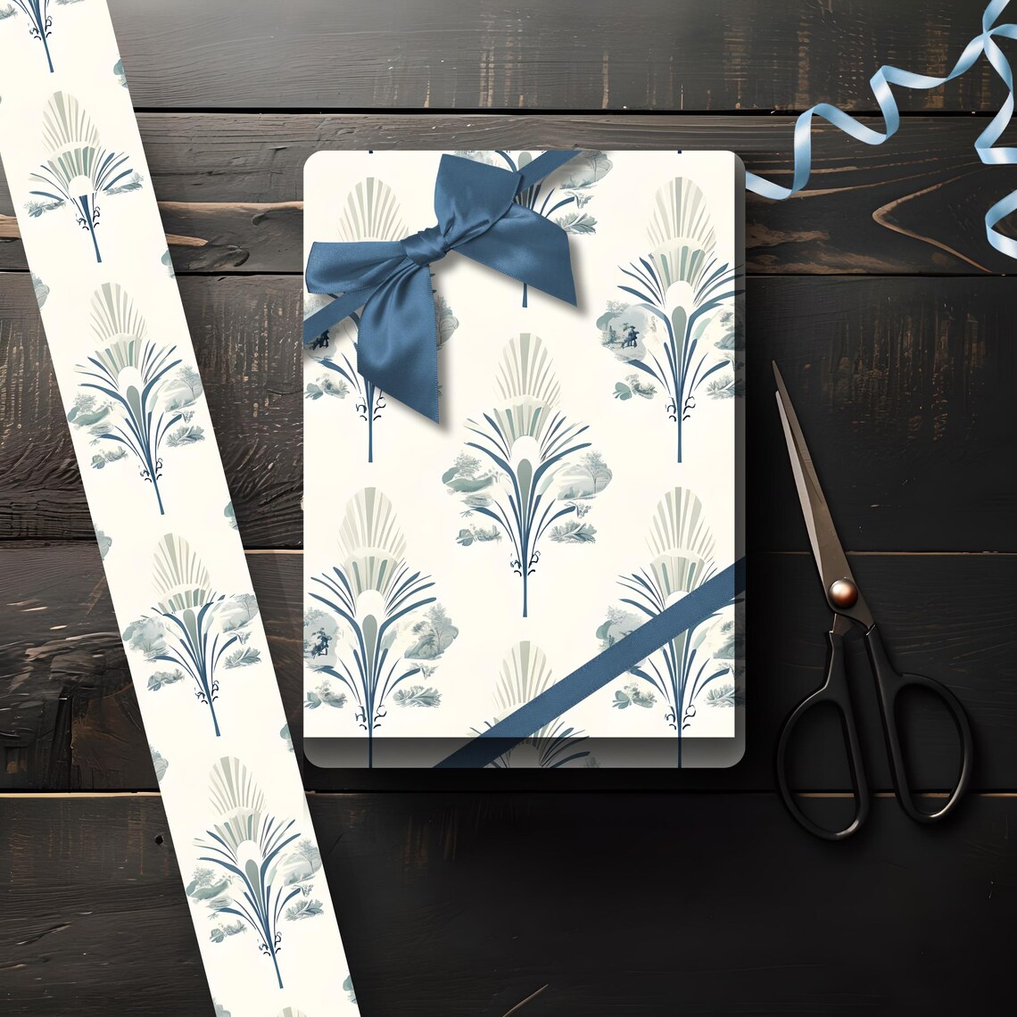Blue & Grey Toile Wrapping Paper: Housewarming, Co-worker Gift - Etsy