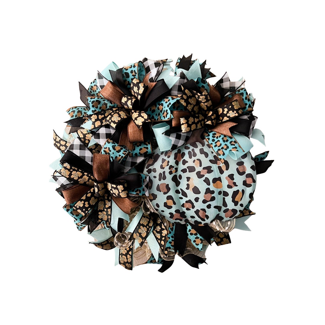 Leopard Print Pumpkin Wreath, Turquoise Fall Wreath, Animal Print Door ...