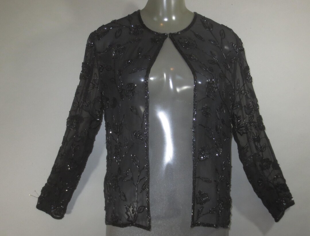 Vintage Silk Beaded Evening Jacket, Black Silk, Black Beads. SCALLA ...