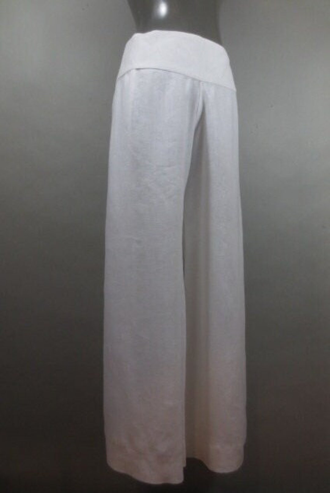 White Linen Wrap Leg Pants, Brass Buttons on Wide Waist Band ...