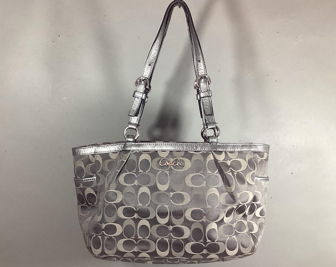COACH Handbag, Gray Silver Monogram Satin, Silver Leather Trim, Zipper ...