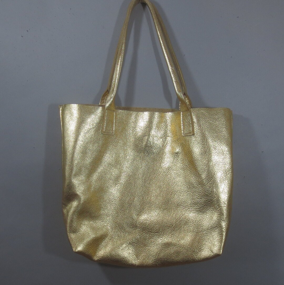 GOLD Gilt Leather Shoulder Bag, Gold Leather Tote, Inside Zippered ...