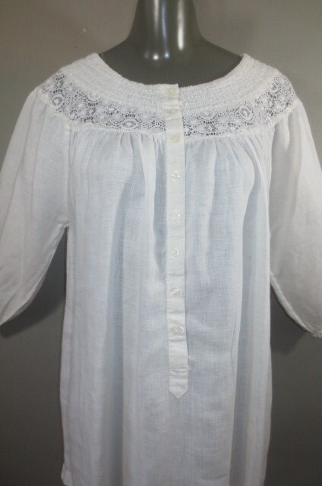 Vintage White Linen Peasant Blouse, Lace and Ruched Yoke, Flowing or ...