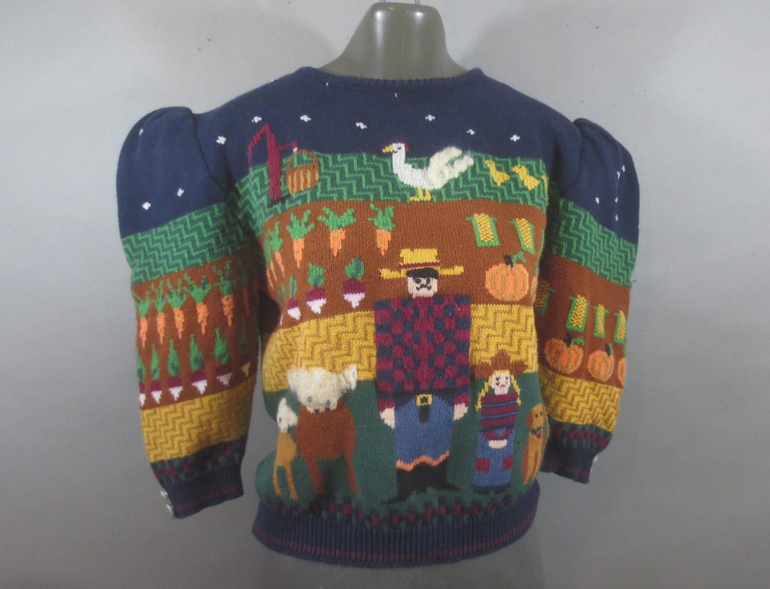 Vintage 1980's Farm Scene Sweater, BULLOCK'S Country Collections, Hong ...